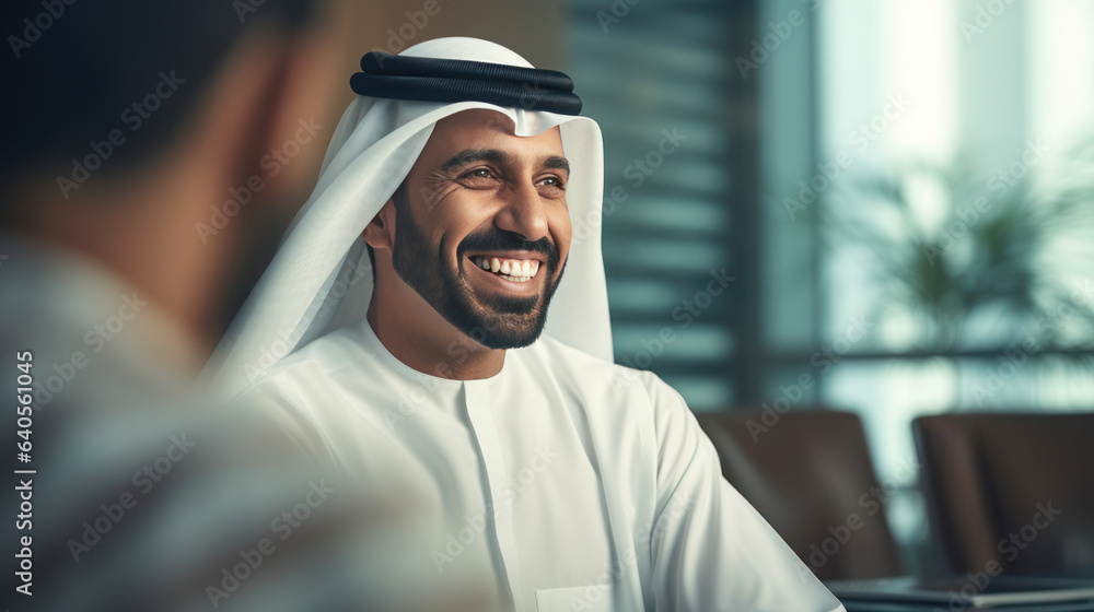 Emirati businessman in UAE's traditional meeting in the office Stock ...