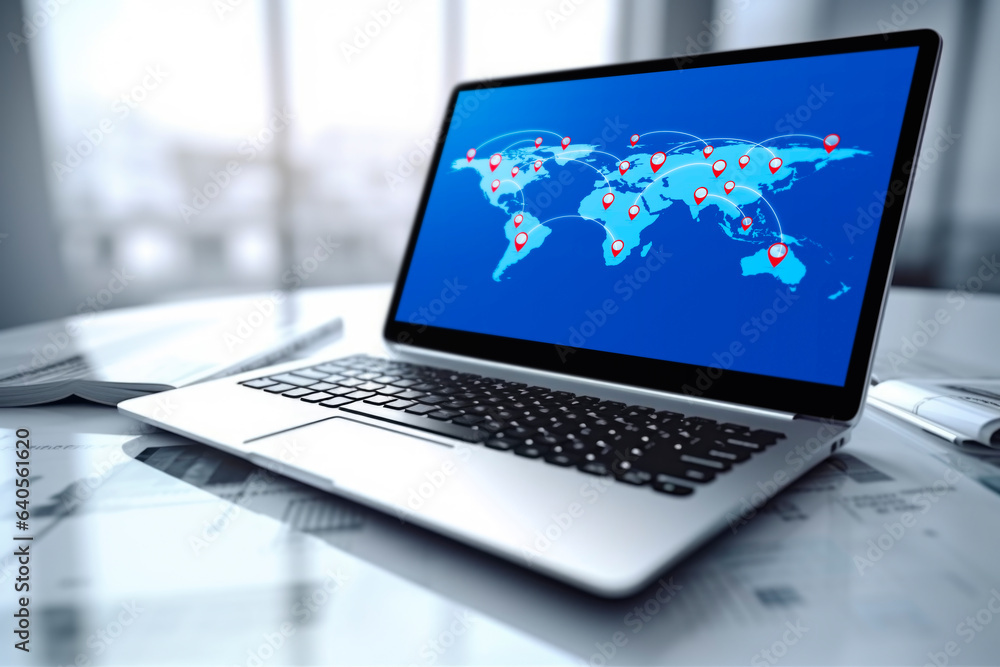 Map pin location button with connection line and world map on laptop ...