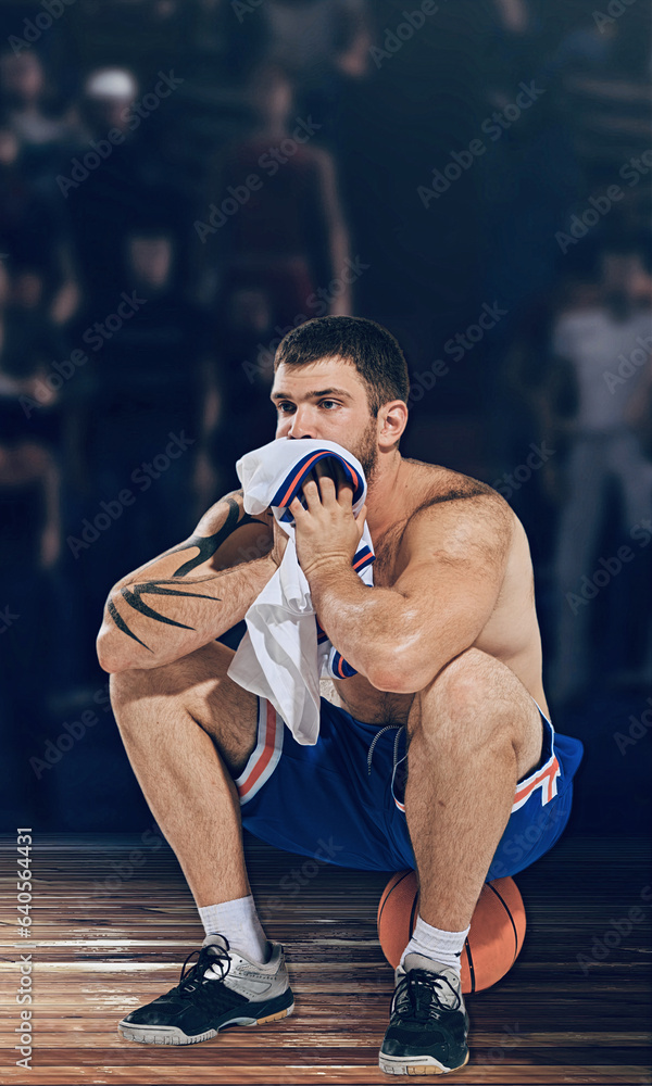 Basketball player in uniform on a professional court stadium 3d render ...