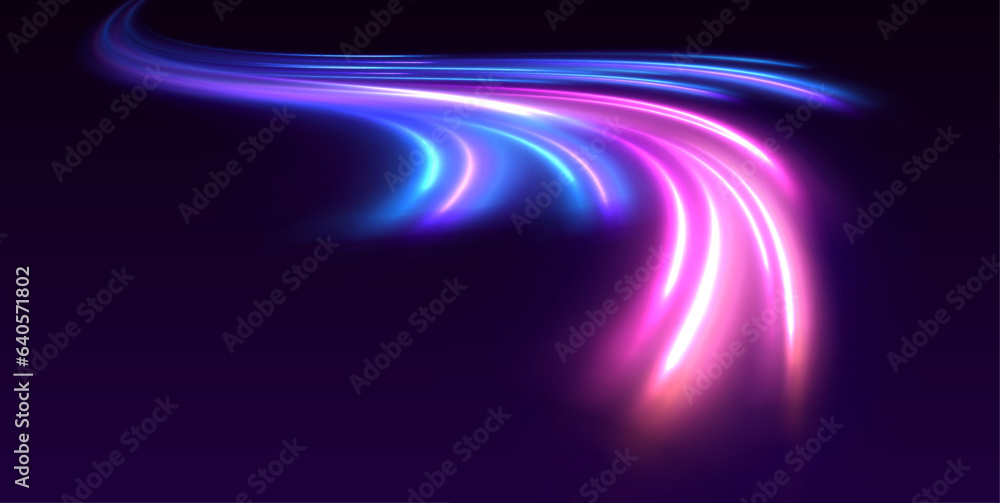 Neon swirls with light effect in the form of a spiral. Laser beams ...