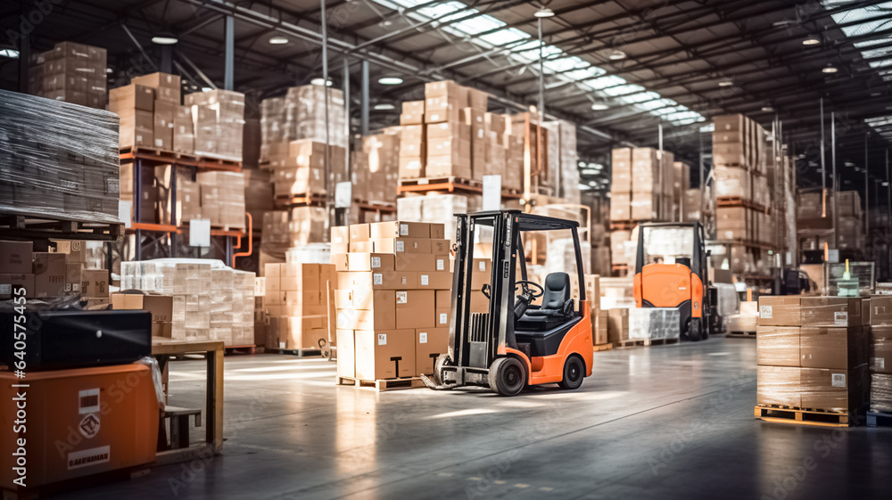 Forklift-truck loading packaged goods in huge distribution warehouse ...