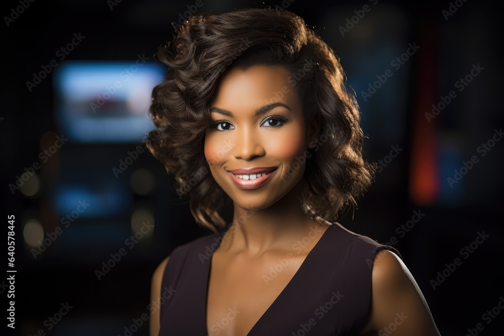 black woman, face of a journalist and news anchor for reporting success ...