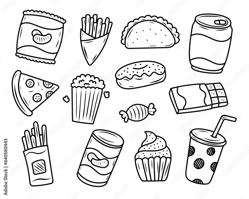 Set of snack vector illustrations in hand-drawn style isolated on white ...