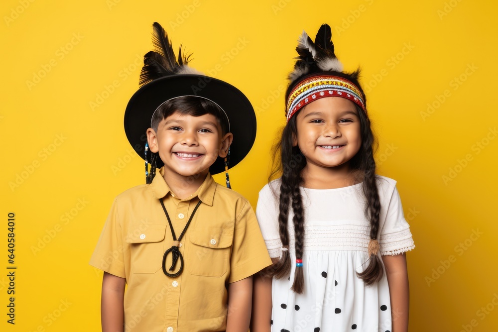 Native americans indigenous happy children portrait on yellow studio ...