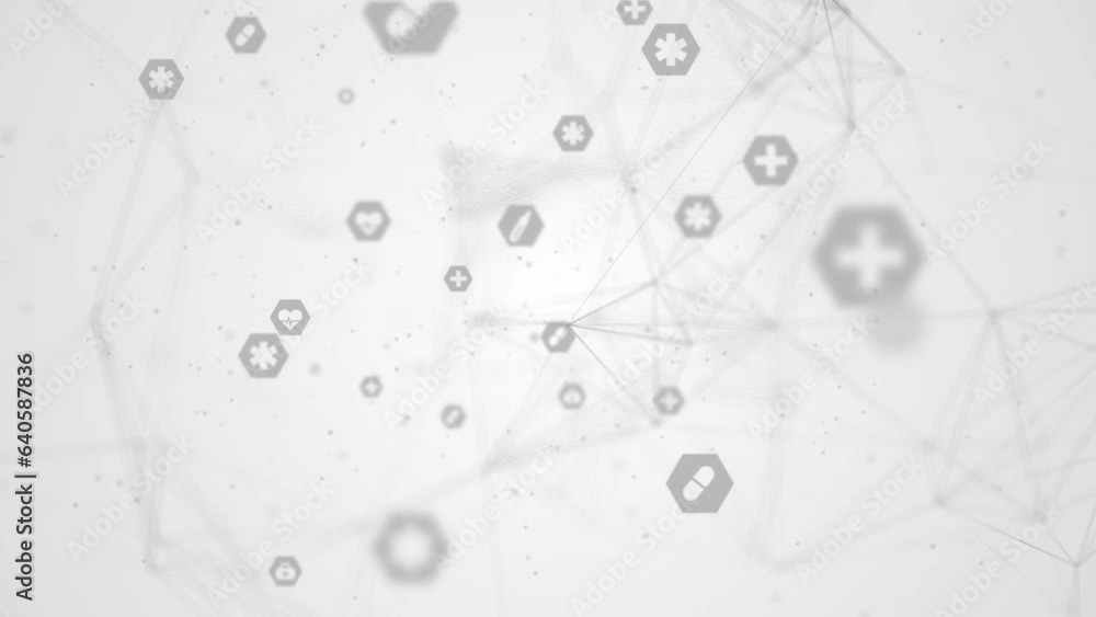 Volumetric grid of gray medical icons in hexagons connected by plexus ...