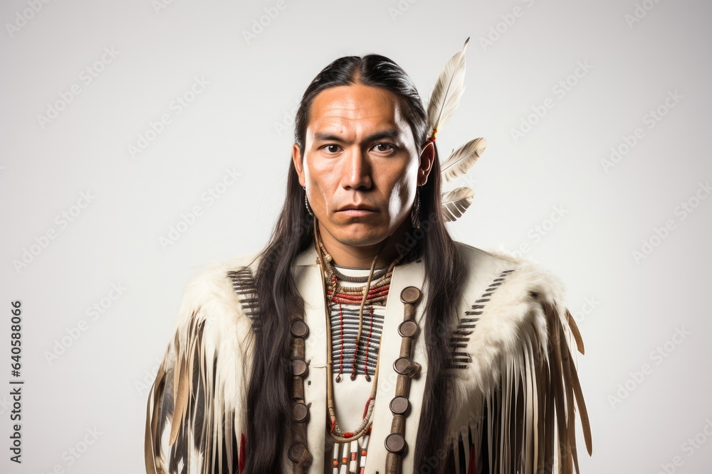 Native American man portrait in studio on white background. Indigenous ...