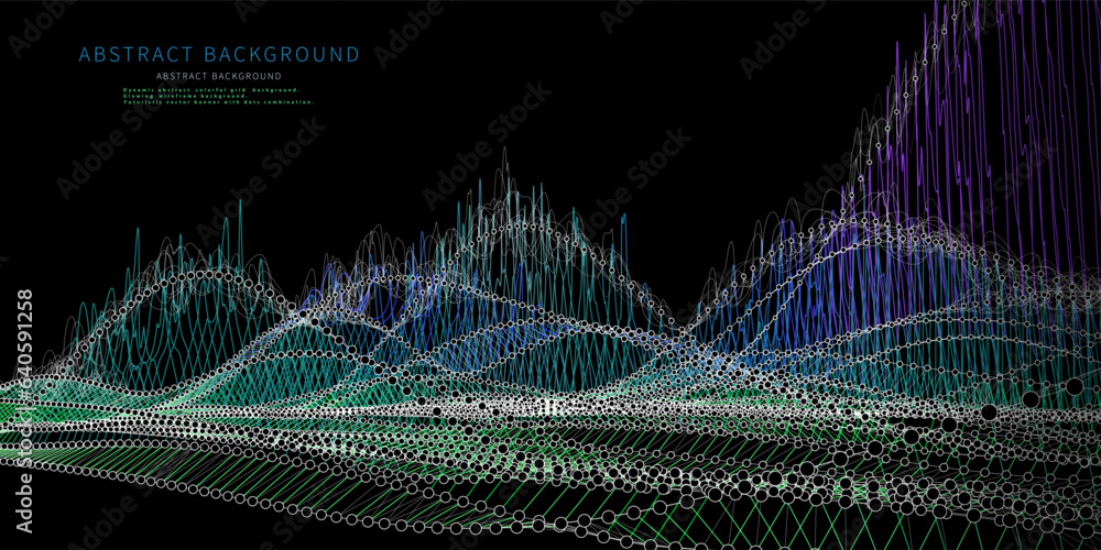 Abstract background graph wavy with circles and noisy lines on dark. Technology wireframe ...
