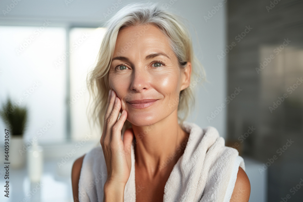Headshot of gorgeous mid age adult 50 years old blonde woman standing ...