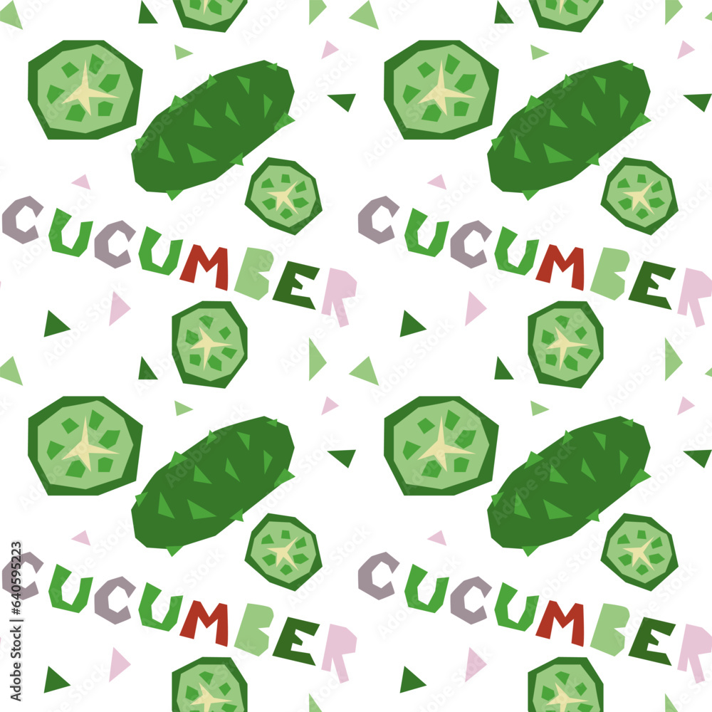 Seamless pattern of geometric cucumber, hand-drawn, with an inscription ...