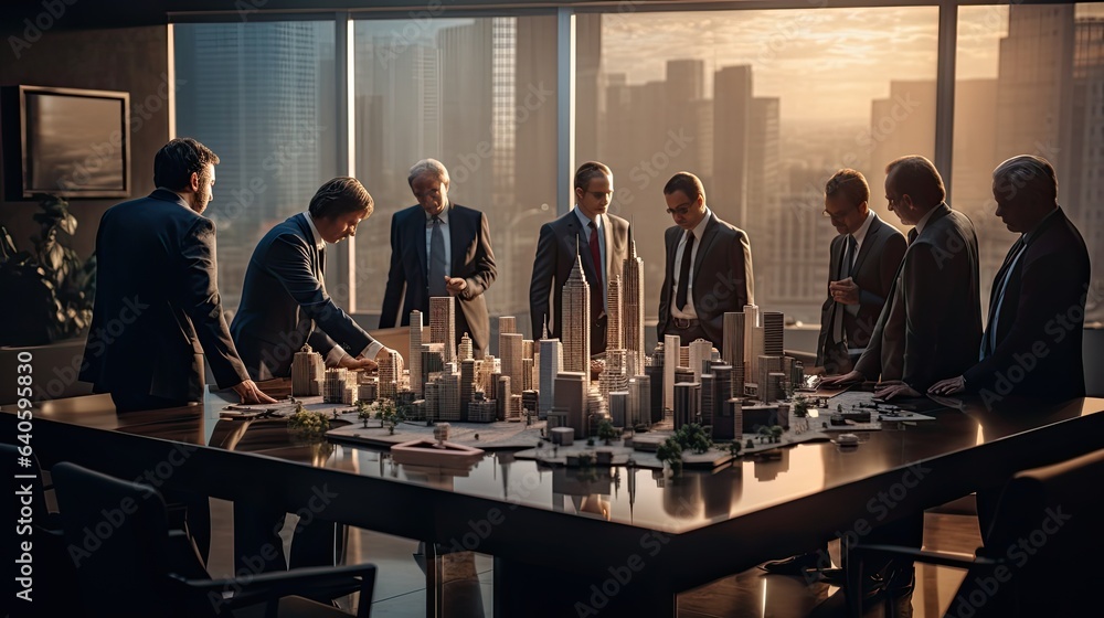 An intense boardroom negotiation scene, with diverse stakeholders ...