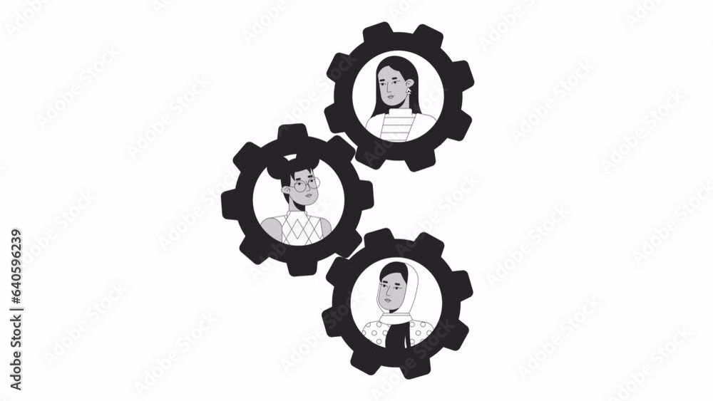 Teamwork gears bw outline 2D animation. Women only business 4K video ...