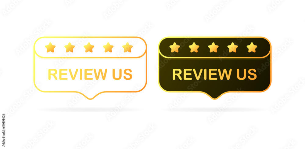 Review us sign. Various styles, yellow, review us, star rating. Vector ...