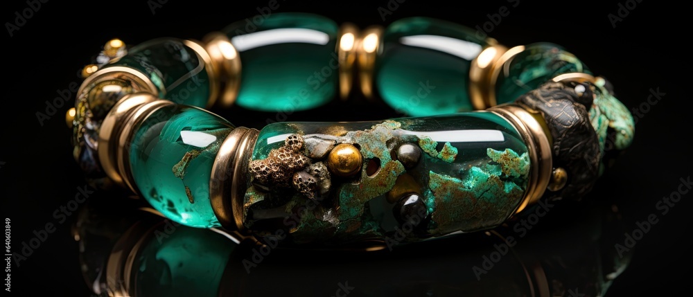 A dynamic fusion of jade green, obsidian black, and gold flecks ...