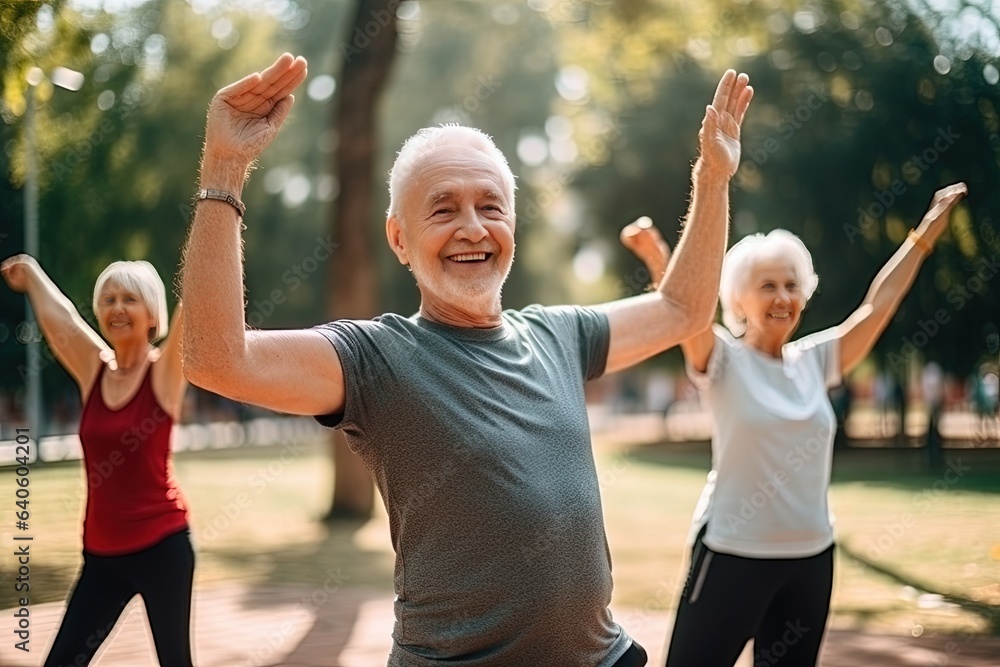Group of elderly people during outdoor training. The retirement community supports health. The ...