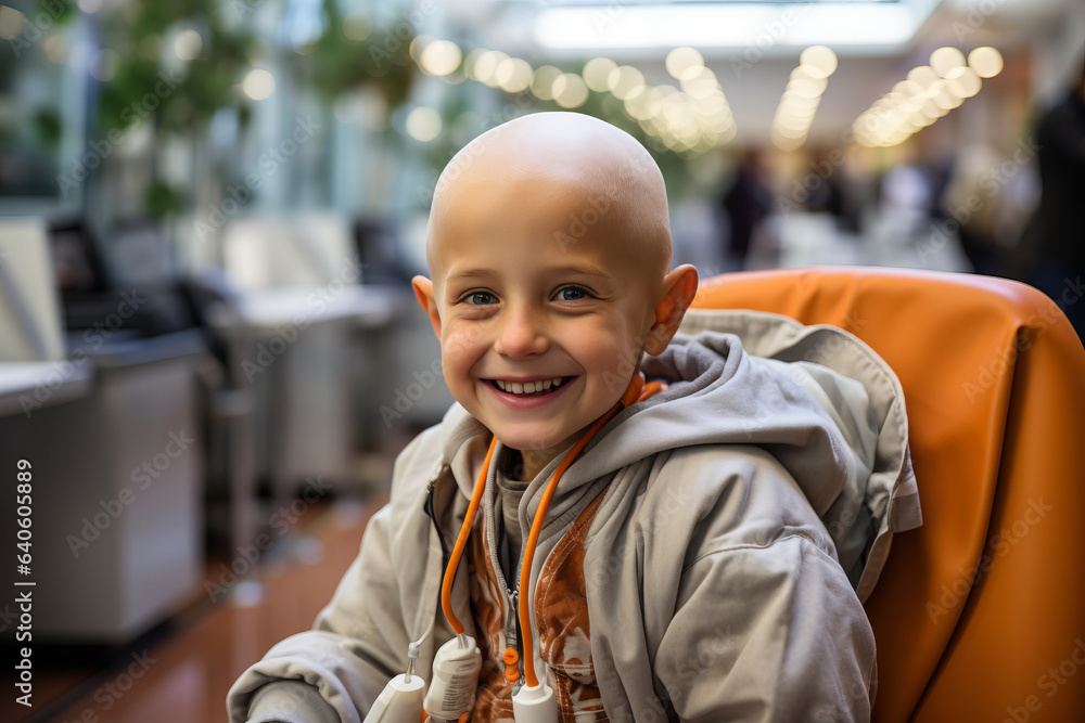 Bald boy smiling in cancer hospital bed. Stock Photo | Adobe Stock