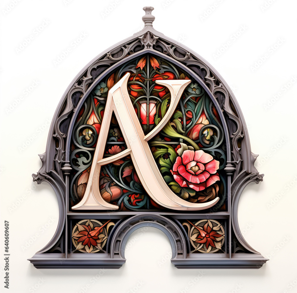 Gothic Cathedral-themed font, 3d render letter a surrounded by Rose ...