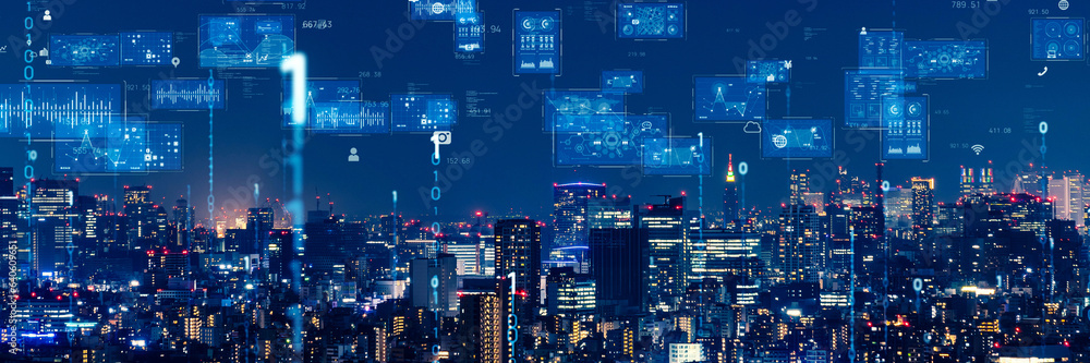 Modern city night view and digital communication network concept. Wide ...