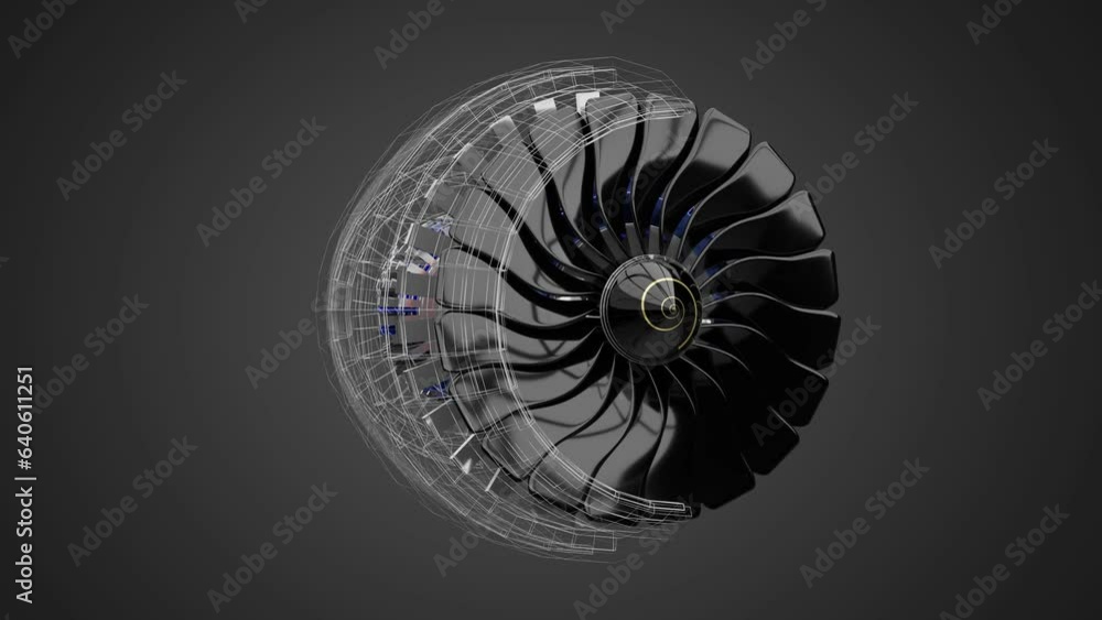Jet engine inside, partly wireframe model - 3D 4k animation (3840 x ...