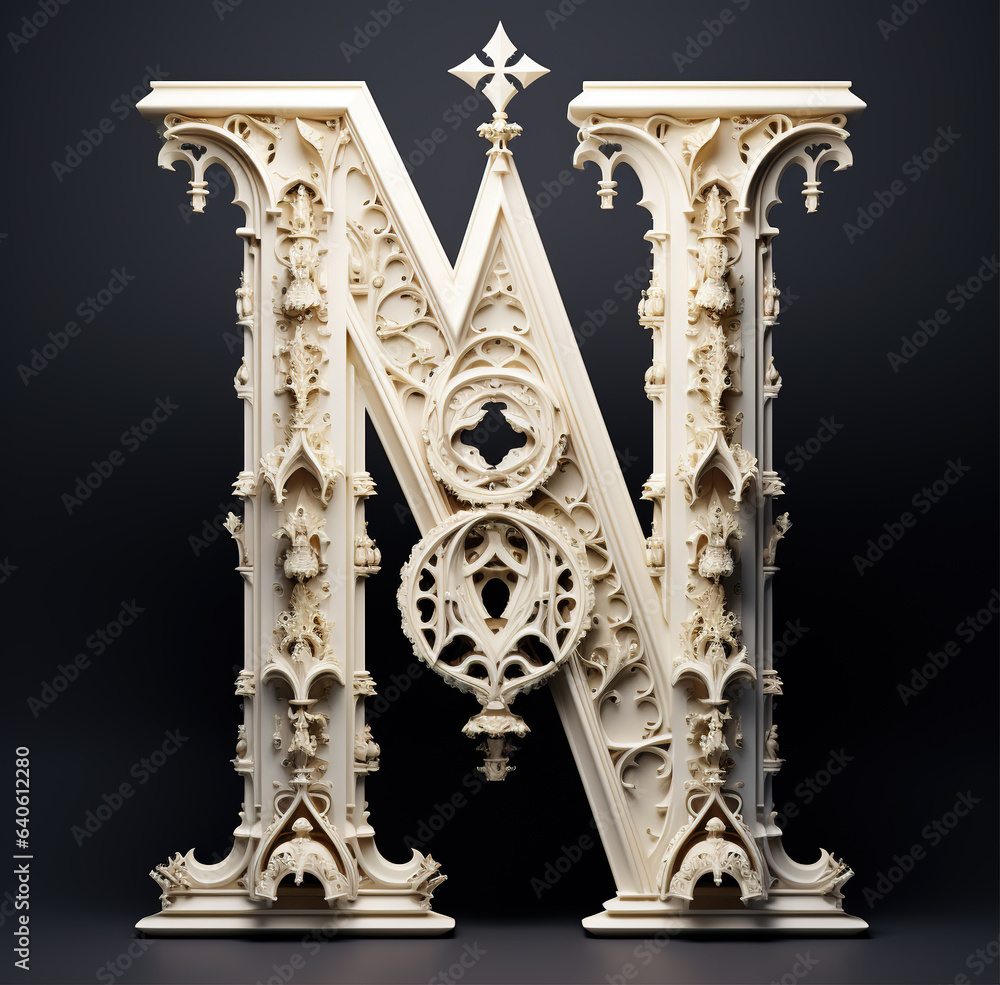 Gothic Cathedral-themed font, 3d render letter n surrounded by Crypt ...