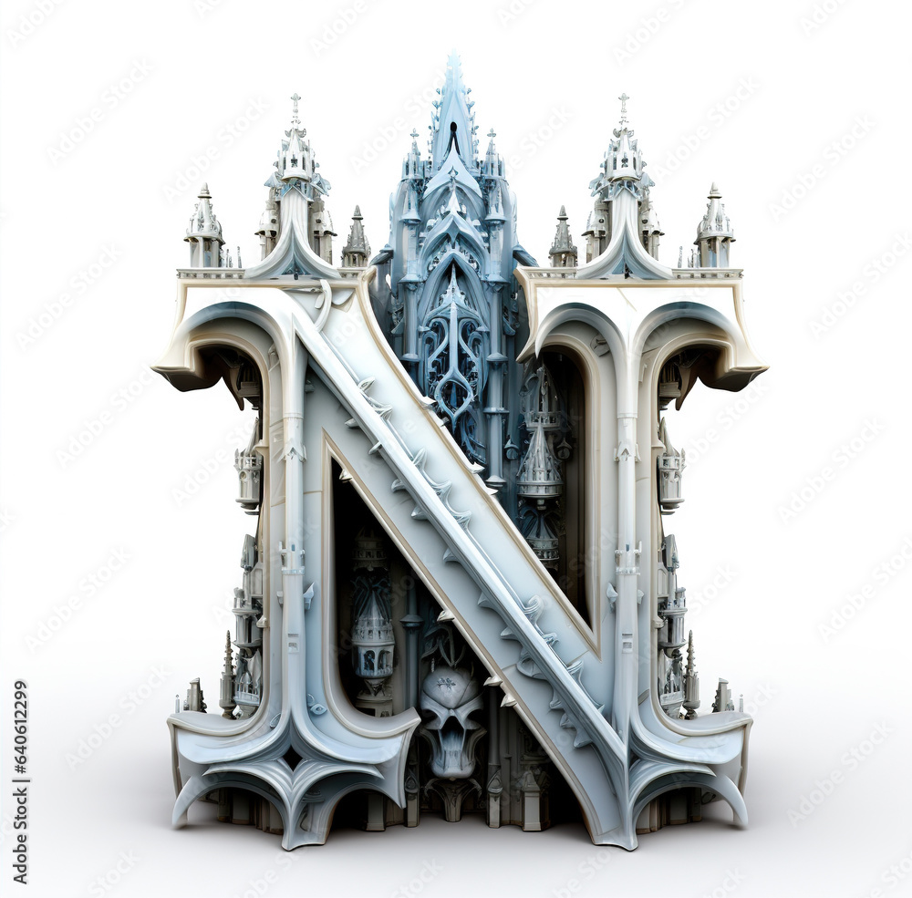 Gothic Cathedral-themed font, 3d render letter n surrounded by Crypt ...