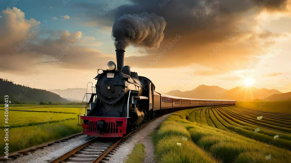 steam locomotive train with beautiful summer panorama, Seamless ...