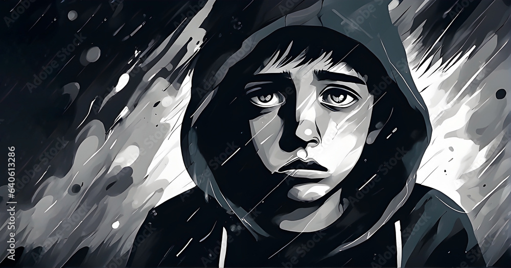 Abstract concept of depression and sadness with a little boy with sad ...