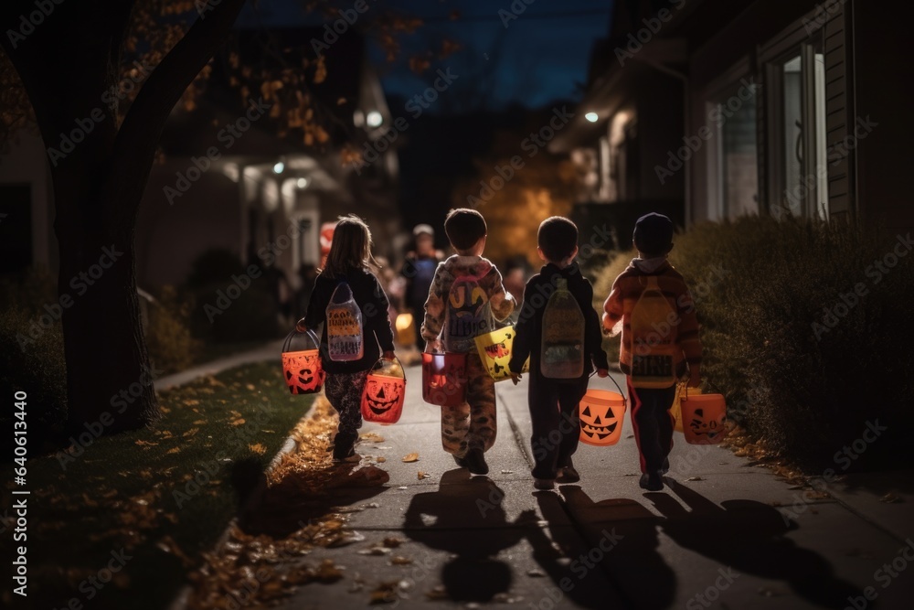 Children trick-or-treating in a neighborhood, wearing various costumes ...