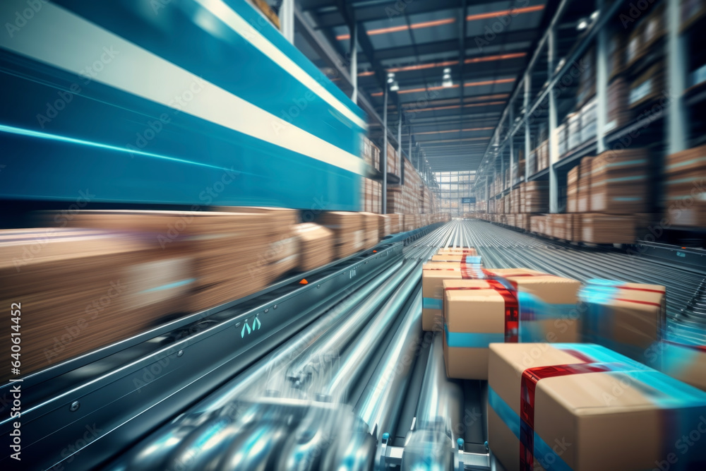 An automated warehouse where the belt conveyor at the distribution ... An automated warehouse where the belt conveyor at the distribution ...