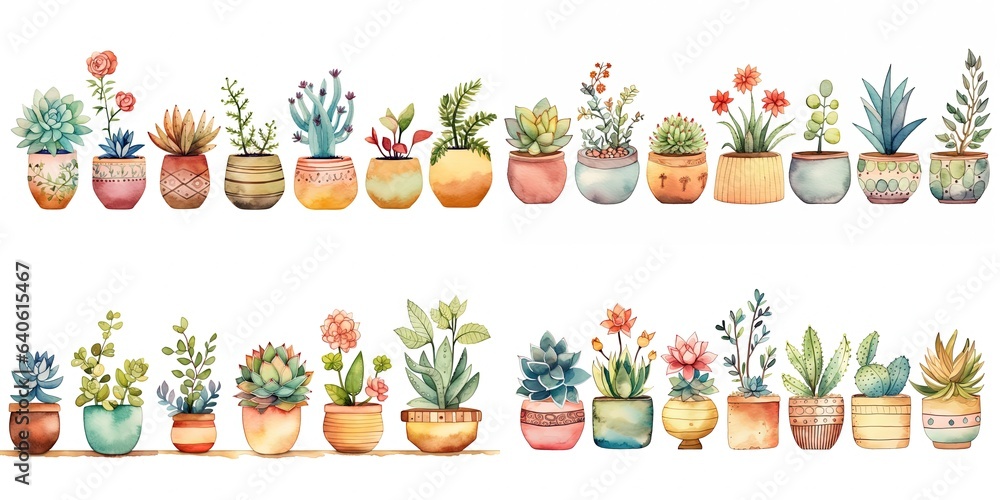 watercolor painting style illustration of cute boho flower pot plants ...