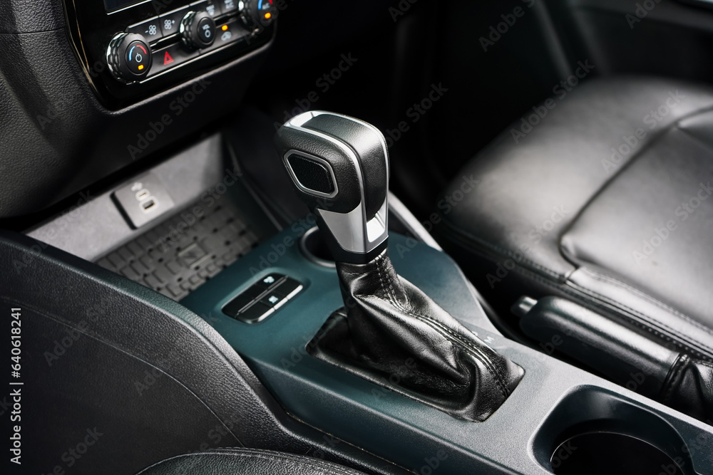 automatic transmission shift selector in the car interior. Closeup a ...