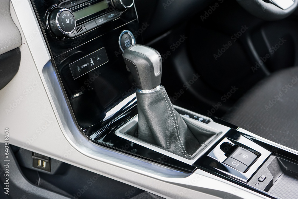 automatic transmission shift selector in the car interior. Closeup a ...