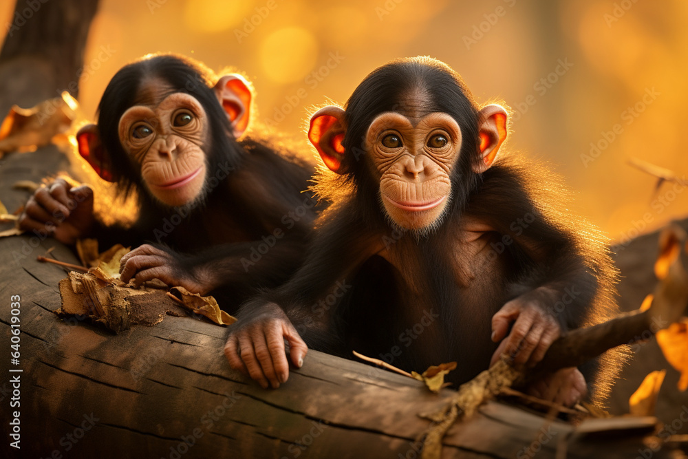Playful chimpanzee babies engaging in antics while their mother keeps a ...