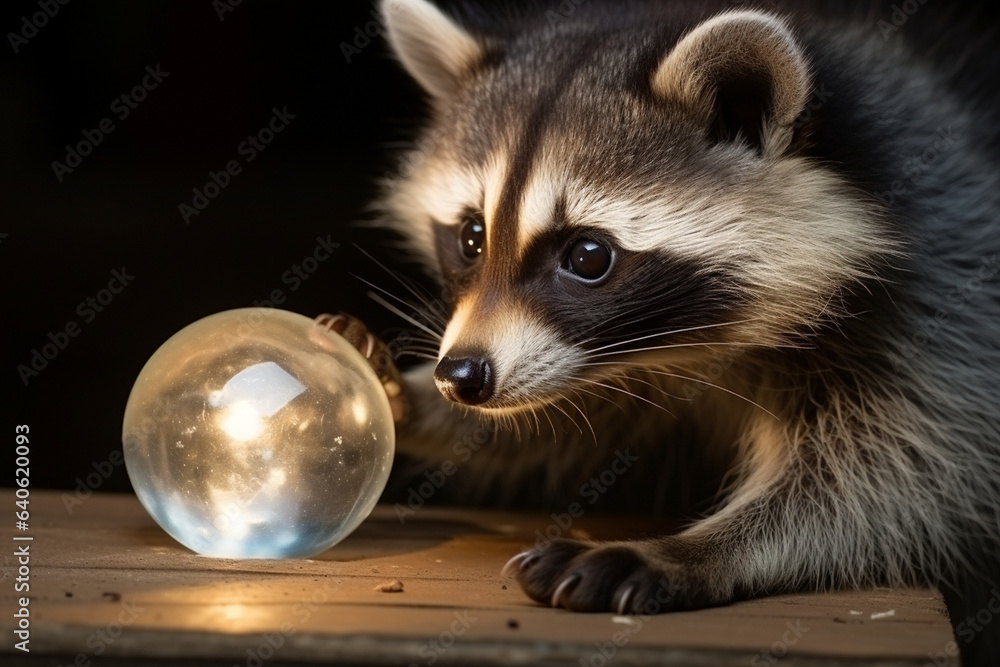 Raccoon inspecting a shiny object with a curious expression ...