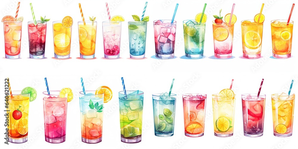 watercolor style illustration of cute cartoon glass of fancy cocktail ...
