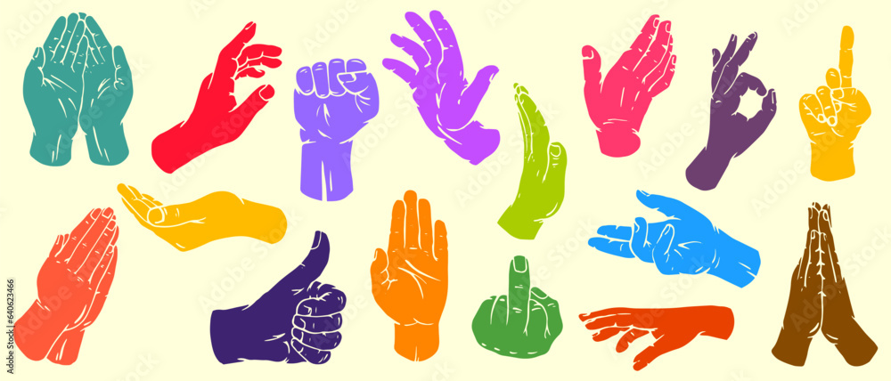 Set bright color hands various gestures in minimal flat style ...