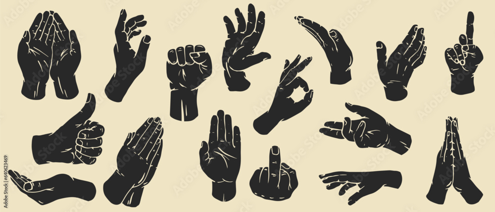 Vetor de Hand drawn silhouettes hands in retro monochrome style. Set ...