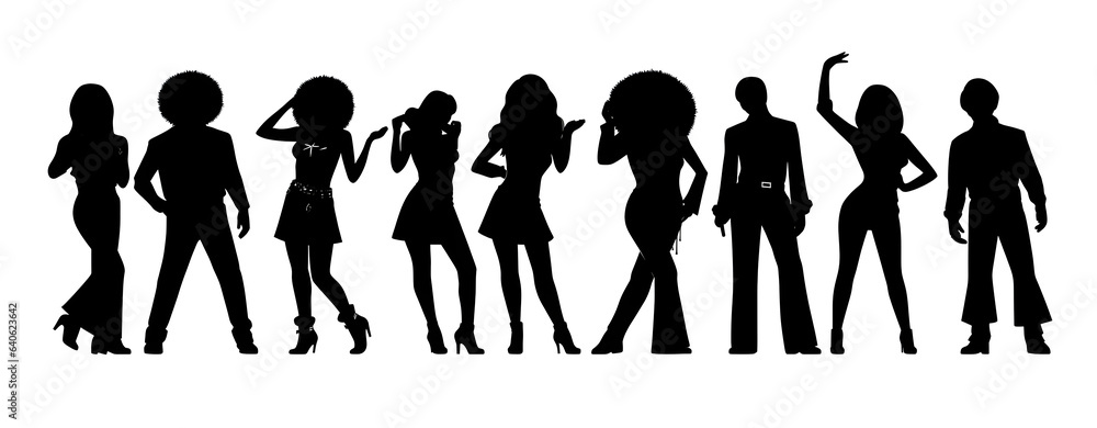 A group of retro 70s disco dancer silhouettes in groovy poses Stock ...