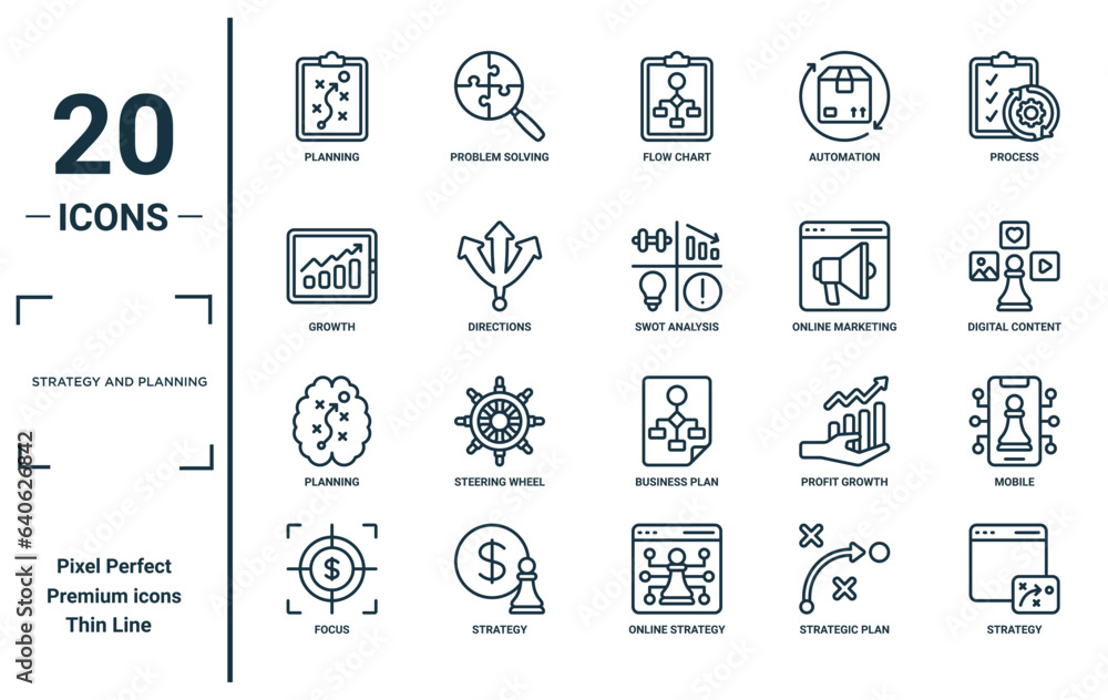 Vetor de strategy and planning linear icon set. includes thin line ...