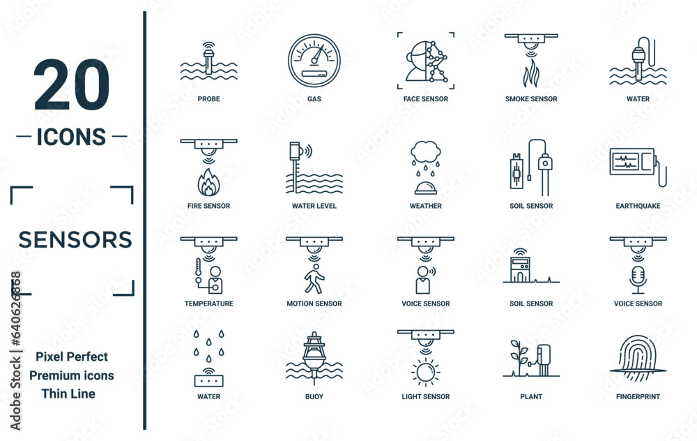 sensors linear icon set. includes thin line probe, fire sensor ...