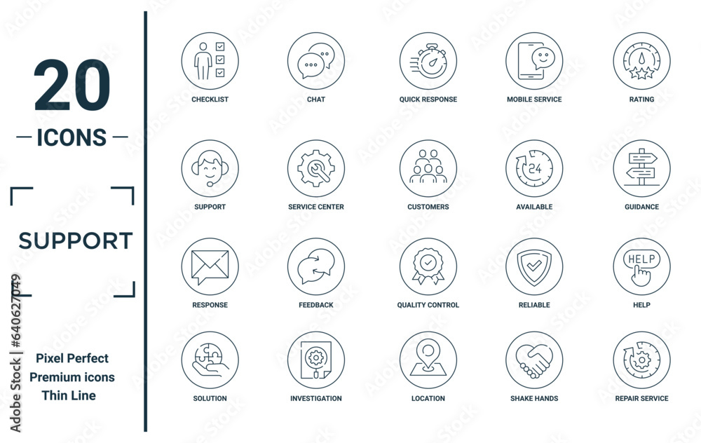 support linear icon set. includes thin line checklist, support ...