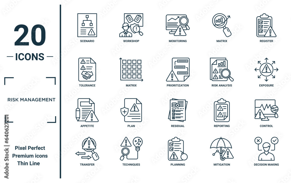 Vetor de risk management linear icon set. includes thin line scenario ...