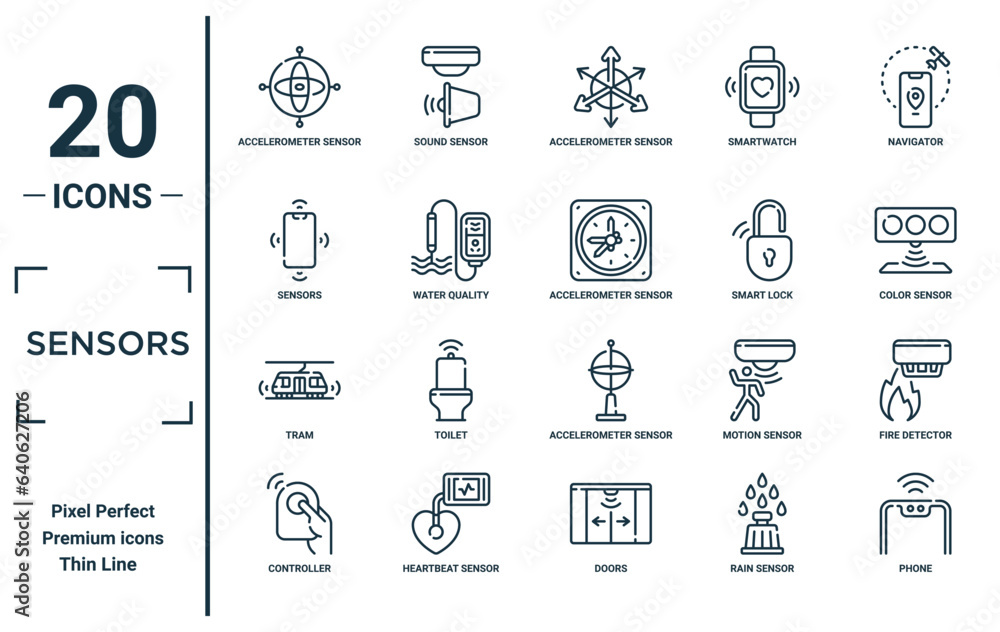 Vecteur Stock sensors linear icon set. includes thin line accelerometer ...