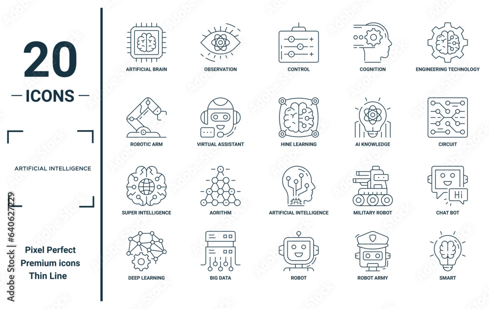 Vetor de artificial intelligence linear icon set. includes thin line ...