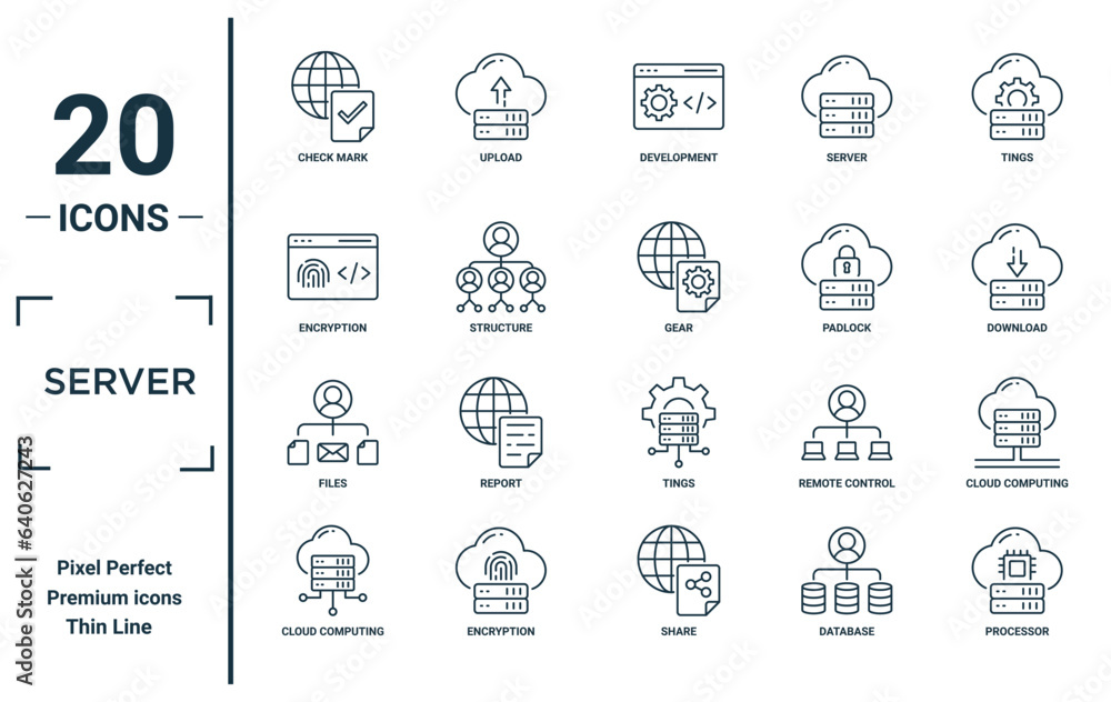 server linear icon set. includes thin line check mark, encryption ...