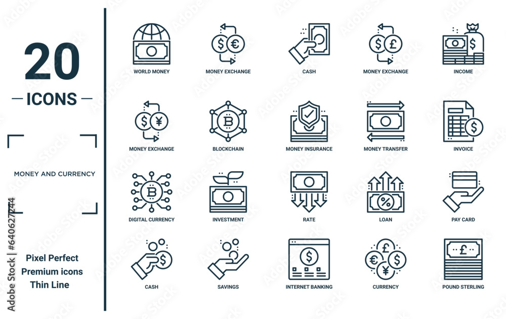 money and currency linear icon set. includes thin line world money ...