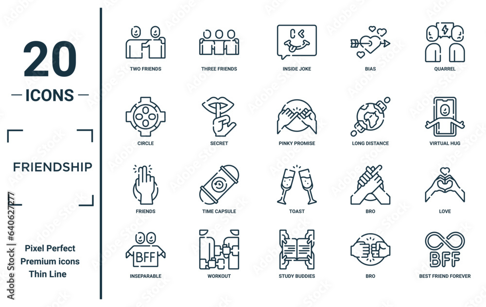 friendship linear icon set. includes thin line two friends, circle ...