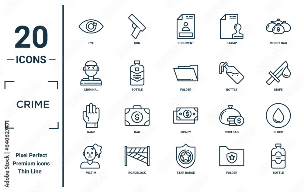 crime linear icon set. includes thin line eye, criminal, hand, victim ...