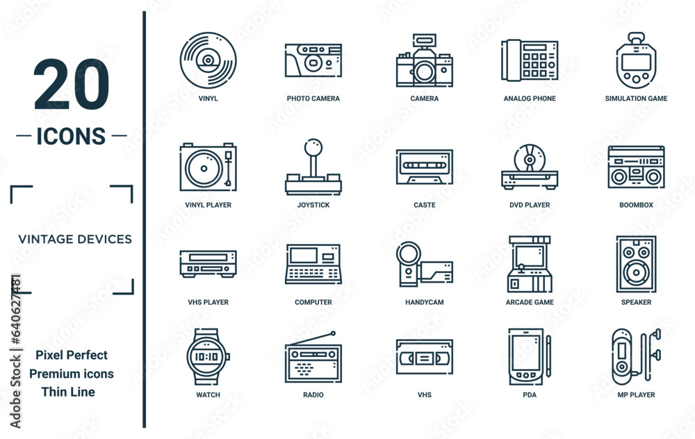 Vetor de vintage devices linear icon set. includes thin line vinyl ...