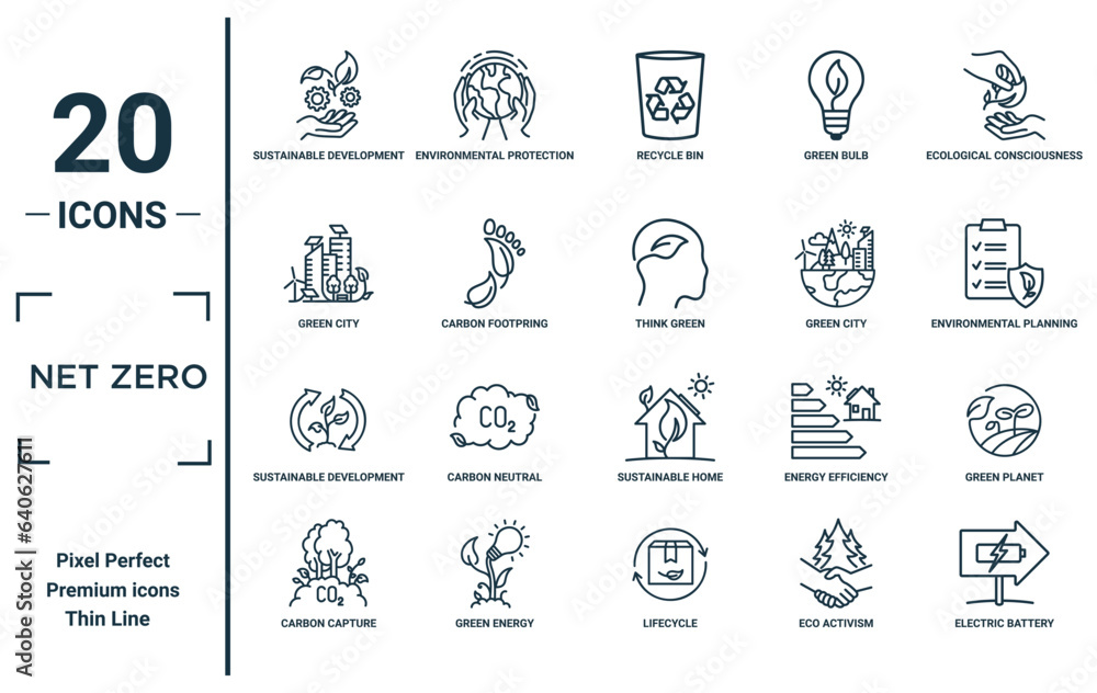 net zero linear icon set. includes thin line sustainable development ...