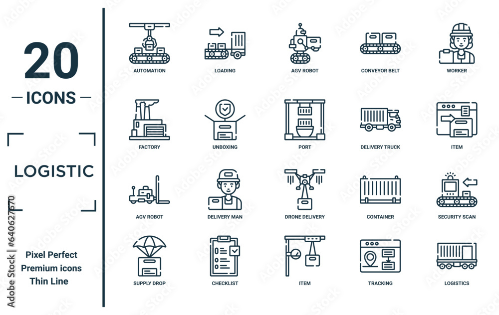 logistic linear icon set. includes thin line automation, factory, agv ...